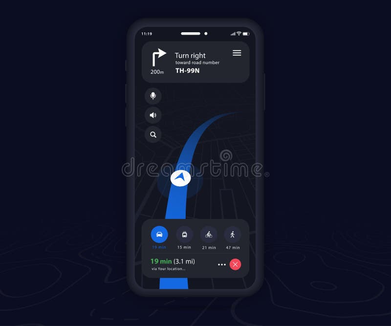 Smartphone Map GPS Navigation 3d App Dark Mode Ux Ui Concept, Mobile ...