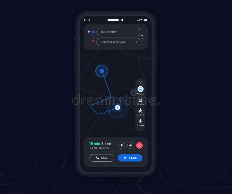 Map GPS Navigation App Dark Mode Ux Ui on Smartphone Concept, Mobile ...