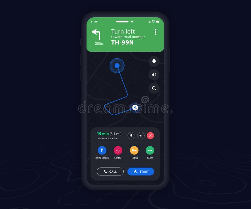 Smartphone Map GPS Navigation App Dark Mode Ux Ui Concept, Mobile Map ...