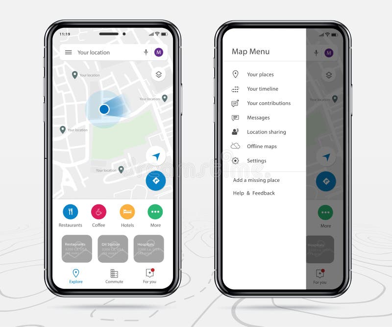 Mobile Map Gps App Design, Smartphone Map Application And Pinpoint On ...