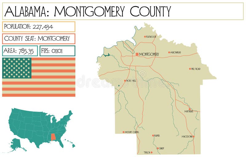 Map of Montgomery County in Alabama, USA. Stock Vector - Illustration ...