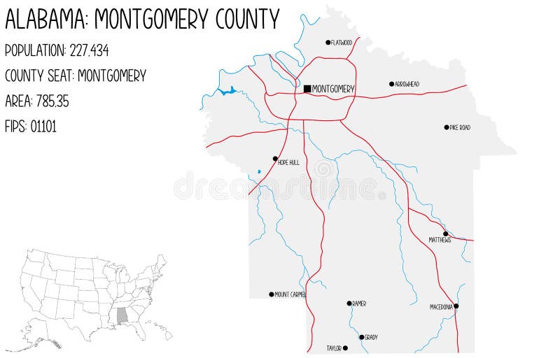 Map of Montgomery County in Alabama, USA. Stock Vector - Illustration ...