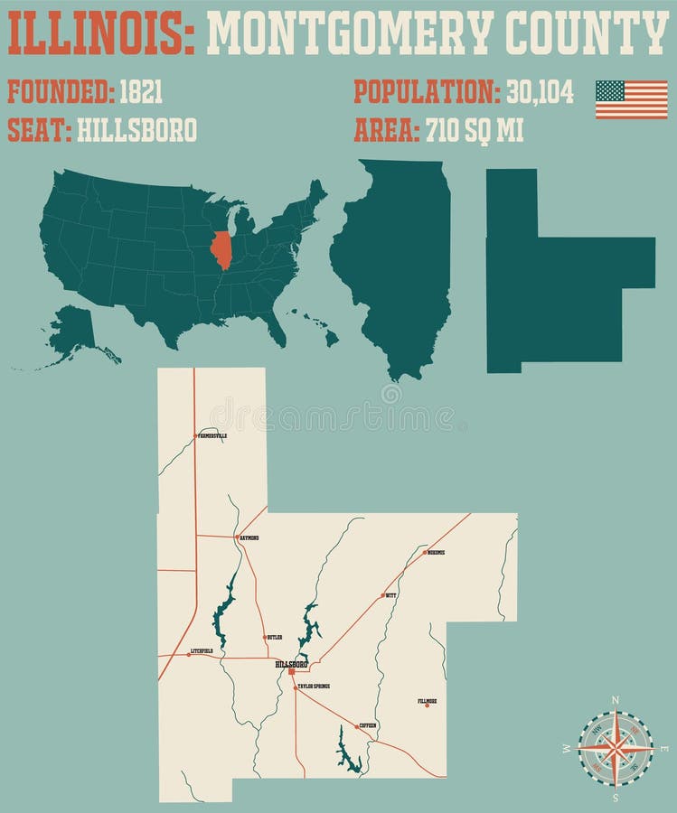Map of Montgomery County in Illinois Stock Vector - Illustration of ...