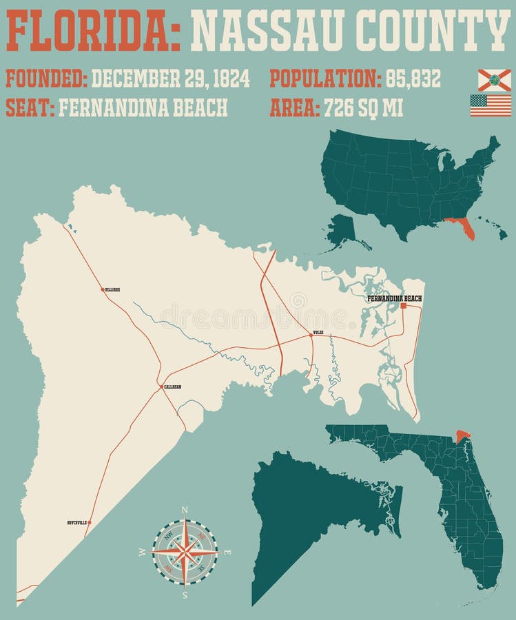 Map of Nassau County in Florida Stock Vector - Illustration of nation ...