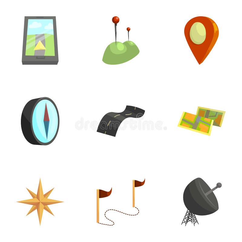 Map, Navigation Icons Set, Cartoon Style Stock Vector - Illustration of ...