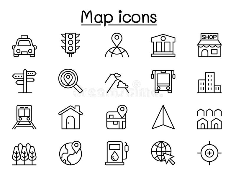 Map, Navigation Icons Set in Thin Line Style Stock Vector ...