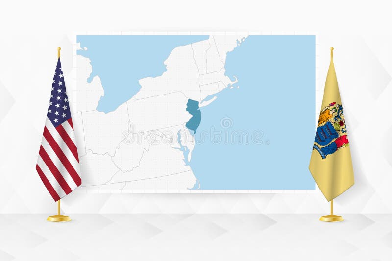 Map of New Jersey and Flags of New Jersey on Flag Stand Stock Vector ...