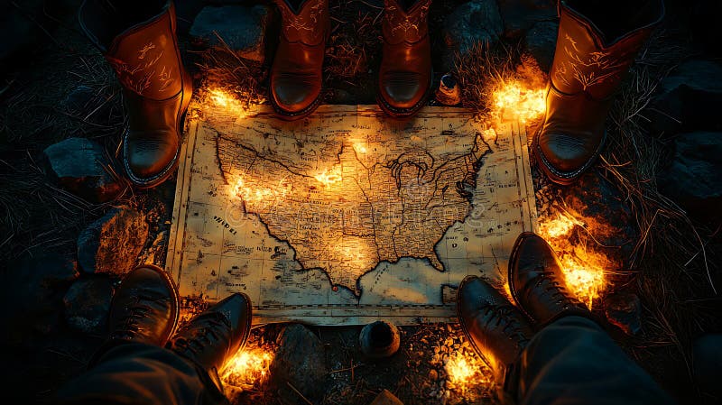 Map of Old West Surrounded by Glowing Campfire Boots, Evoking Adventure ...