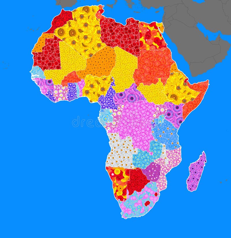 Map, Outline of Africa, the Countries Designed with Different Flowers ...
