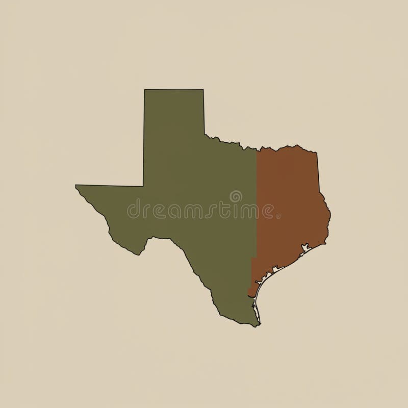 Map Outline of Texas, USA, Divided into Two Color-coded Sections: Olive ...