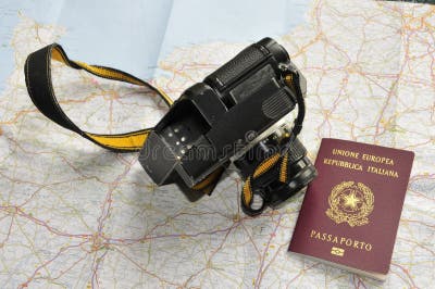Map, passport and camera stock image. Image of lights - 7750053