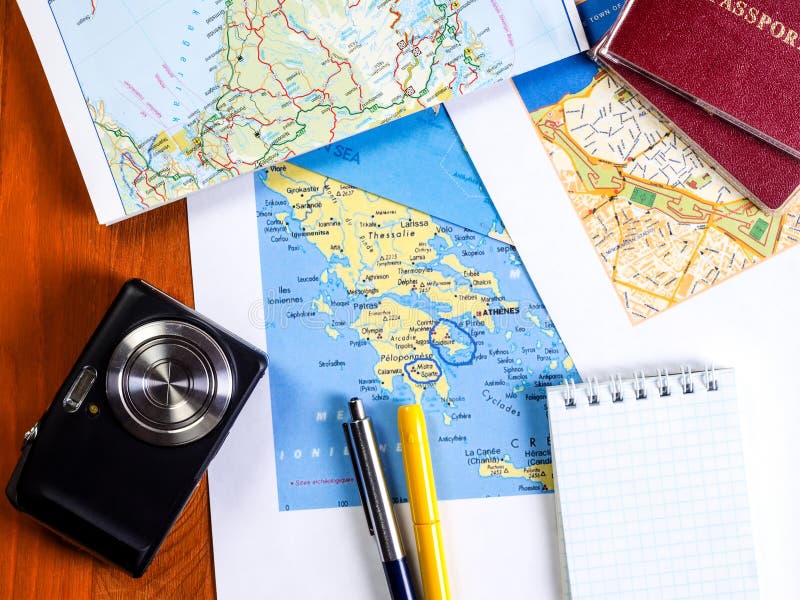 Map, Passport, Camera and Notepad Stock Photo - Image of eyeglass ...