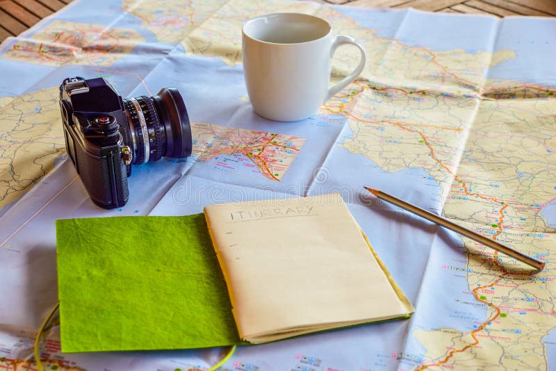 Map with Diary and Camera and Cup Stock Photo - Image of destination ...