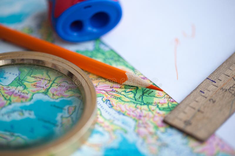 Map and Pencil on the Table Stock Image - Image of table, discovery ...