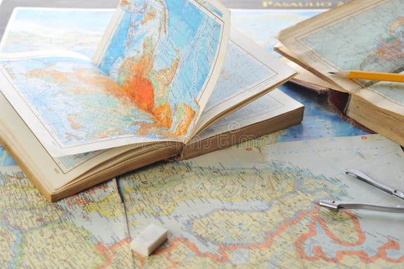 Map and pensil stock photo. Image of thumbtack, paper - 12578786