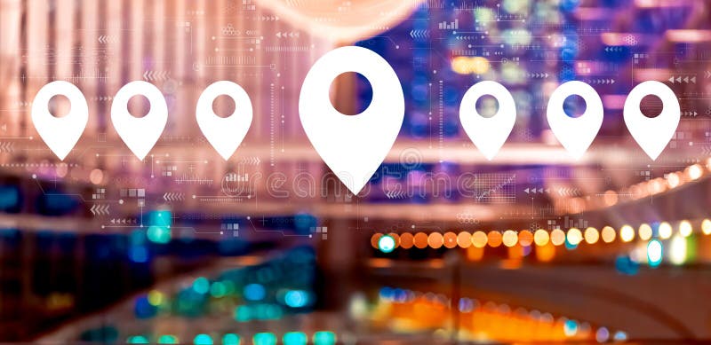 Map Pin Concept with Big City at Night Stock Photo - Image of ...