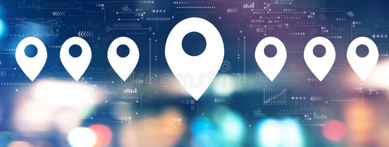 Map Pin Concept with City Lights at Night Stock Image - Image of icons ...