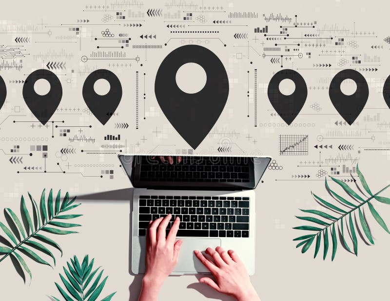 Map Pin Concept with Person Using a Laptop Stock Image - Image of ...