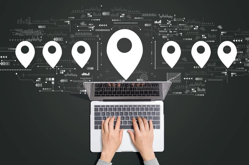 Map Pin Concept with Person Using Laptop Stock Image - Image of city ...