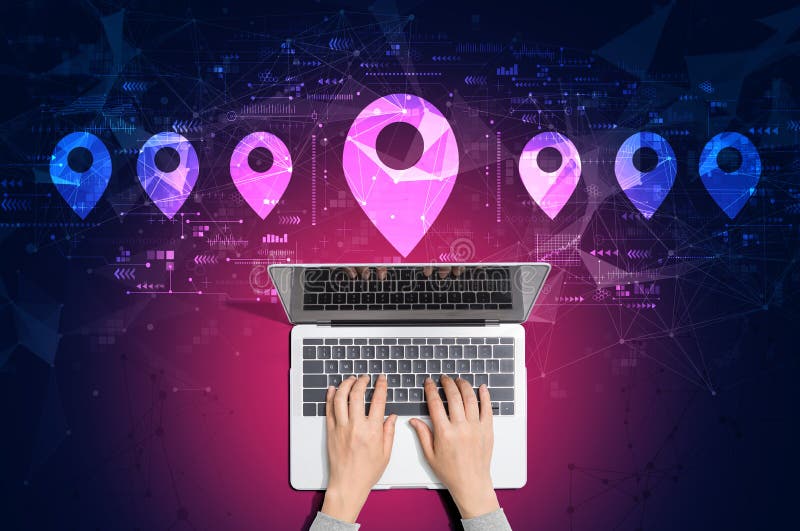 Map Pin Concept with Person Using Laptop Stock Image - Image of magenda ...