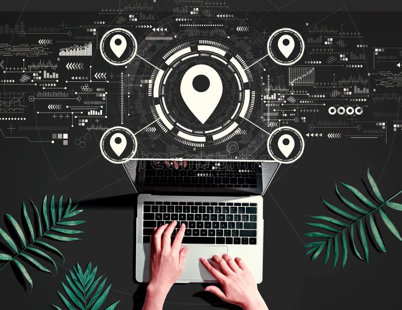 Map Pin Concept with Person Using a Laptop Stock Image - Image of ...