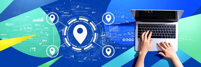 Map Pin Concept with Person Using a Laptop Stock Image - Image of ...
