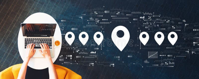 Map Pin Concept with Person Using a Laptop Stock Image - Image of hand ...