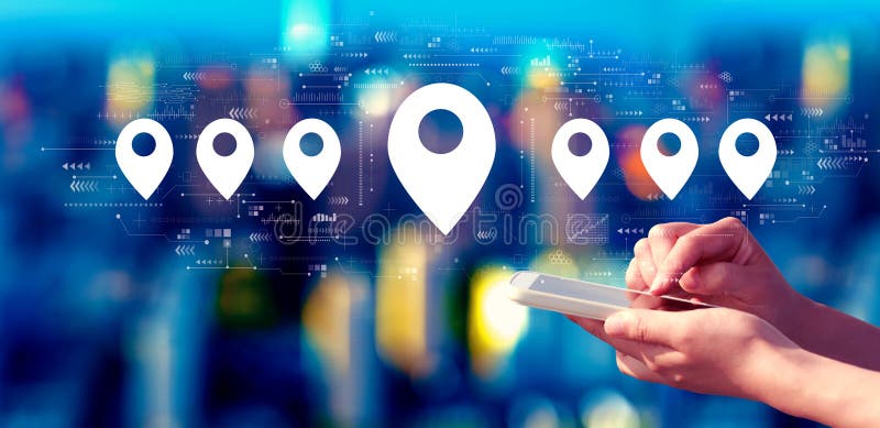 Map Pin Concept with Person Using a Smartphone at Night Stock Photo ...