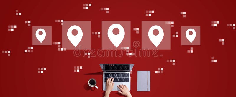 Map Pin Concept with Person Working with Laptop Stock Photo - Image of ...