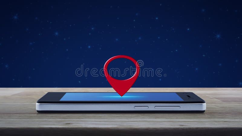 Map Pin Location Button on Modern Smart Phone Screen on Wooden Table ...