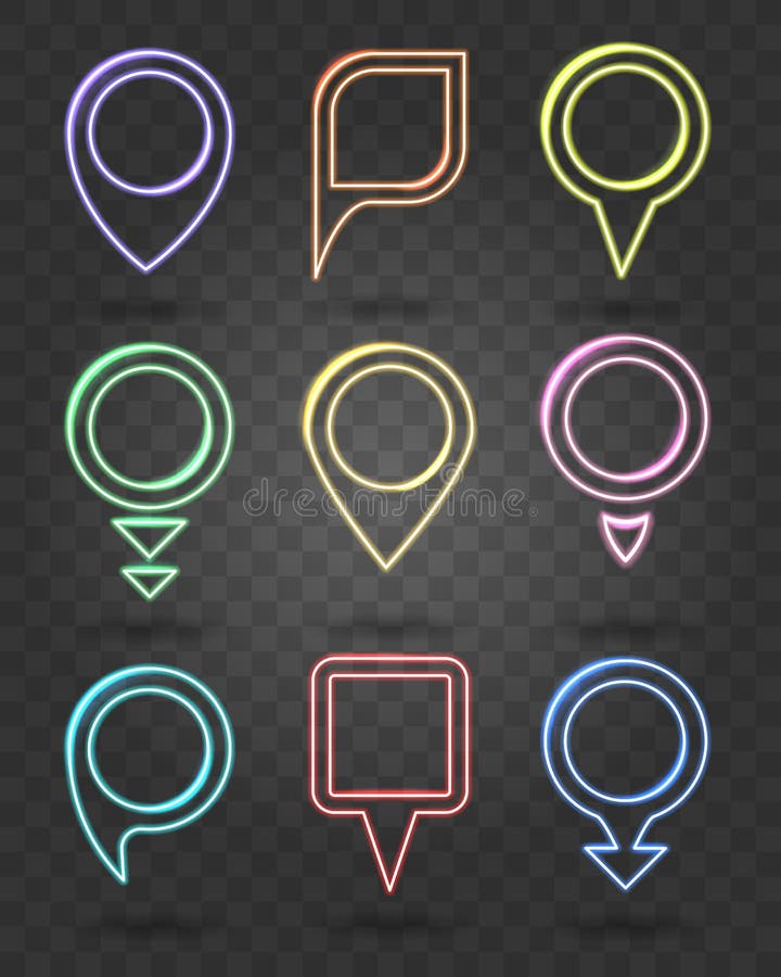 Map Pin Neon Signs. Vector Illuminated Frames for Place Points Stock ...