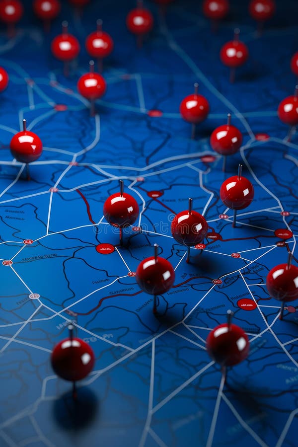 Map with Pins and Bunch of Red Balls on it. Generative AI Stock Photo ...