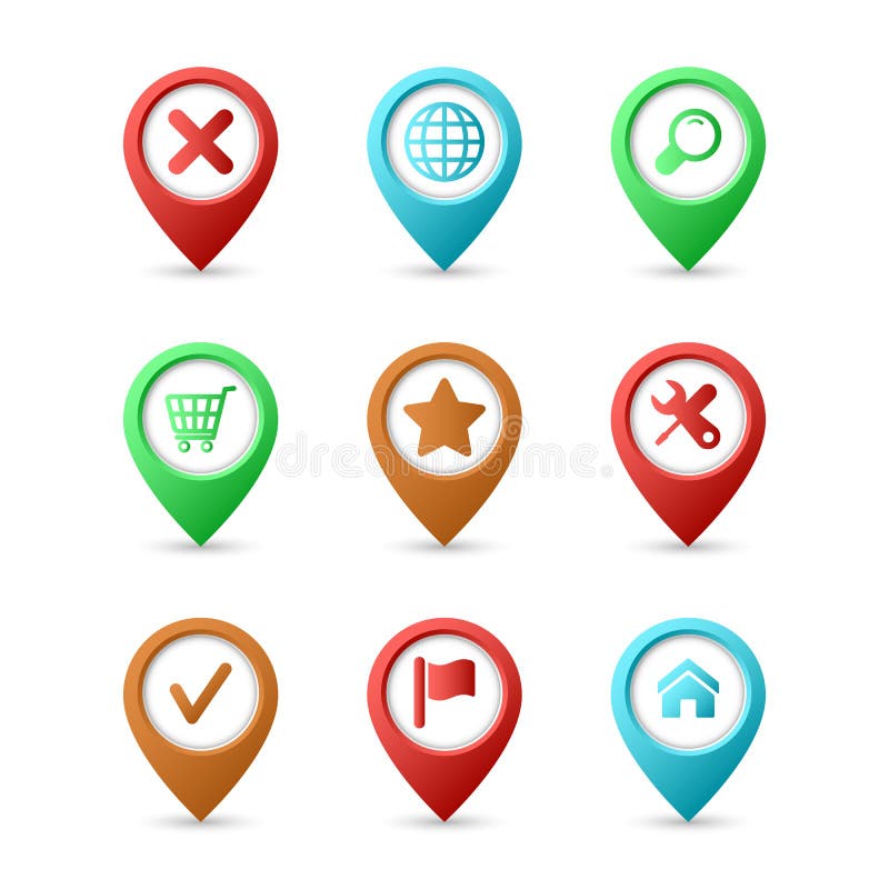 Map pins with icons stock vector. Illustration of mark - 37484758