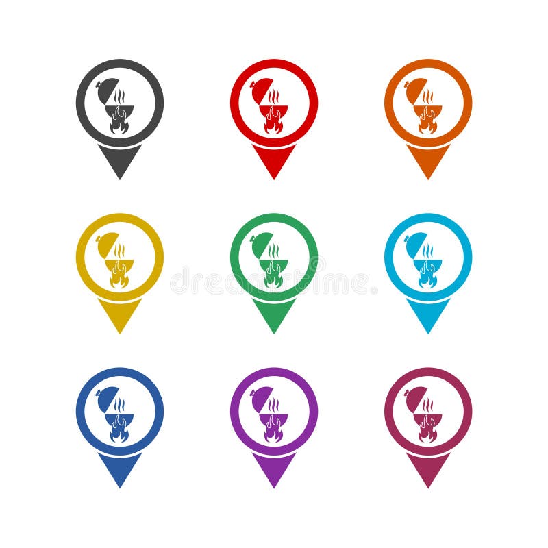 Map Pointer with Barbecue Icon Isolated on White Background, Color Set ...