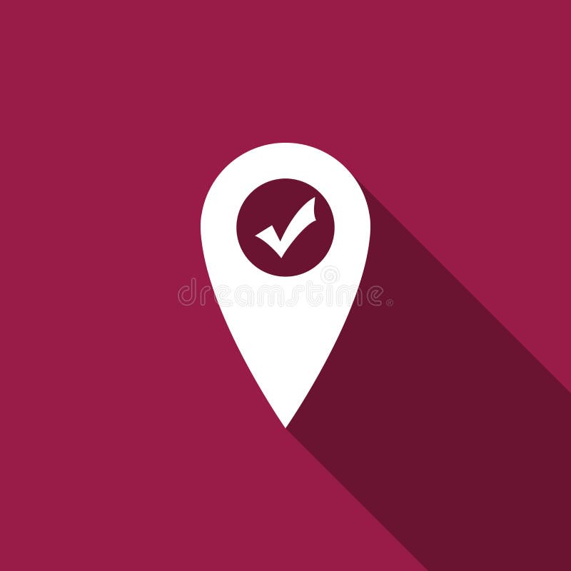 Map Pointer with Check Mark Icon Isolated with Long Shadow. Marker ...