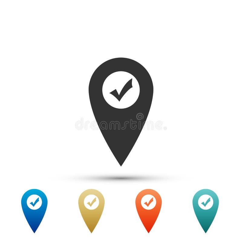 Map Pointer with Check Mark Icon Isolated on Black, White and ...