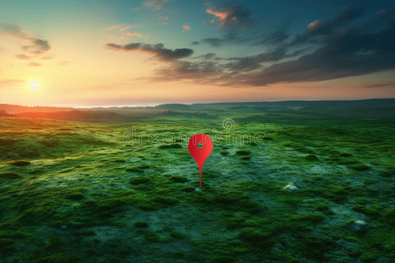 Map Pointer on Green Meadow at Sunset. Stock Image - Image of guide ...
