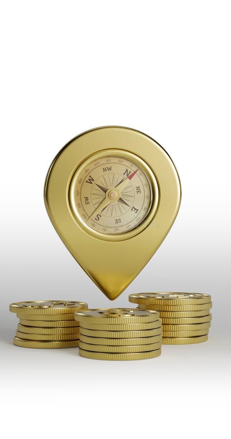 Map Pointer with Growing Chart from Gold Coins Around, 3D Rendering ...