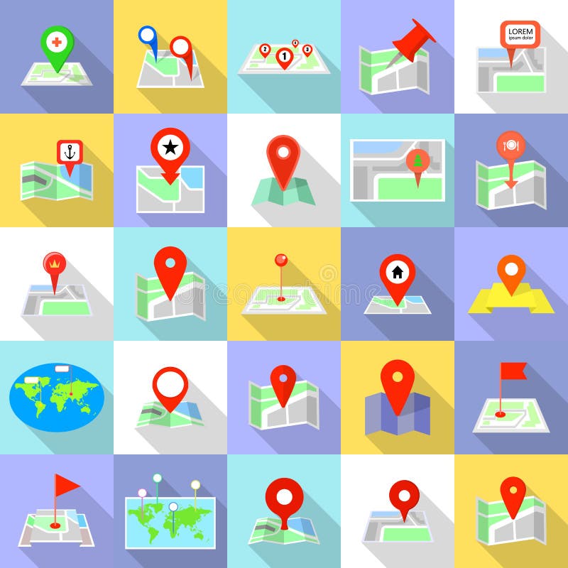 Map Pointer Icons Set, Flat Style Stock Vector - Illustration of ...
