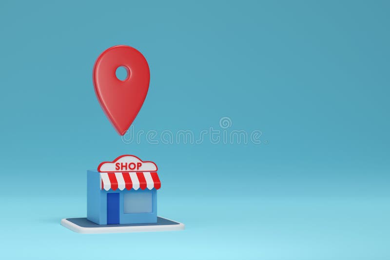 Map Pointer Over Store Building with Copy Space. Cartoon Style Stock ...