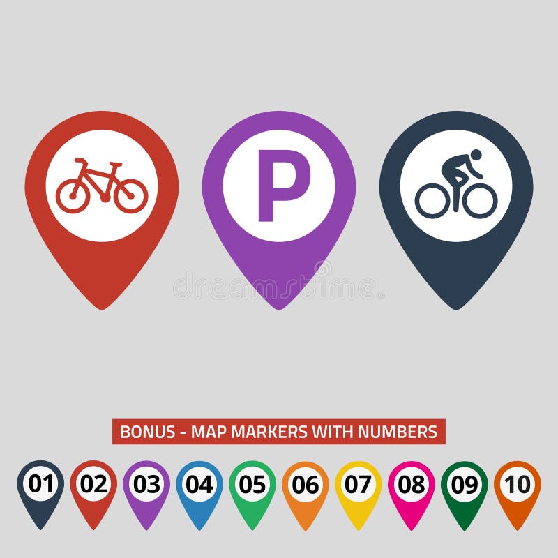 Map Pointers with Bicycle and Parking Icon Stock Illustration ...
