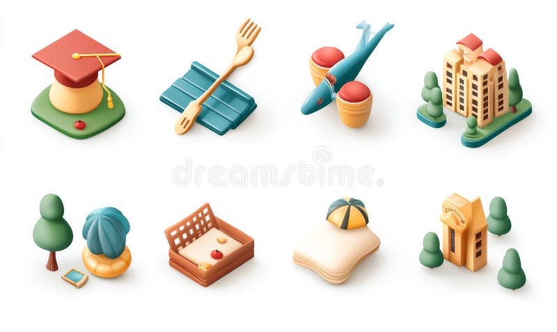 Map Pointers, 3d Vector Cartoon Icon Set. Graduation Hat, Beach ...