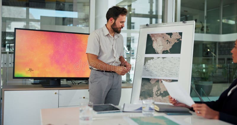 Map, Presentation and Speaker with Business People in Meeting for ...