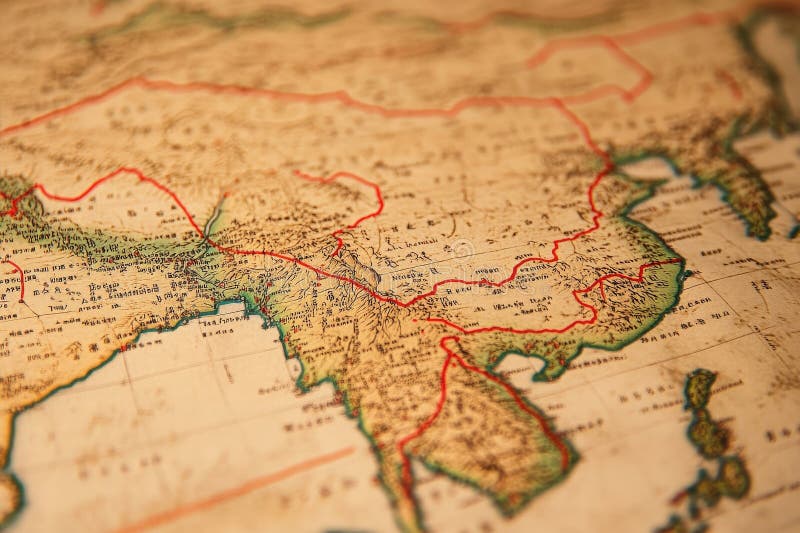 A Detailed yet Faint Map of Asia with a Thin Red Line Outlining Its ...