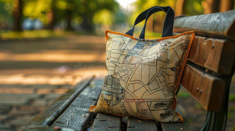 Map Print Tote Bag on a Bench Stock Photo - Image of fabric, lifestyle ...