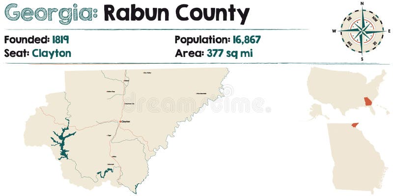 Map of Rabun County in Georgia Stock Vector - Illustration of highway ...