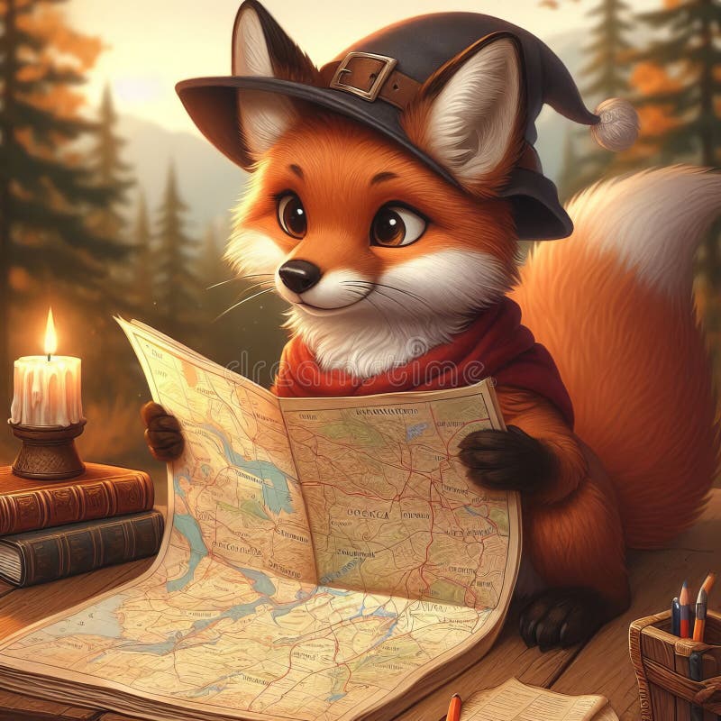 Map Reading Fox a Fox Holding an Unfolded Map Looking Curious Stock ...