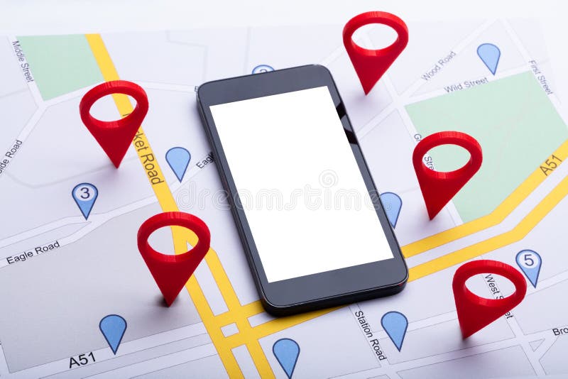 Map with Red Location Marker and Mobile Phone Stock Photo - Image of ...