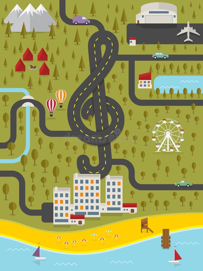 Map of Resort Town with Road in Shape of Treble Cl Stock Vector ...