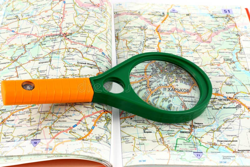 Map of roads and Magnifier stock image. Image of towns - 12836709